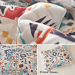 FlySheep 3-Piece Lightweight Bohemian Geometric Full Queen Quilt Set, Colorful Chic Aztec Pattern Summer Bedspread/Coverlet, Brushed Microfiber for All Season - 92" x 90"