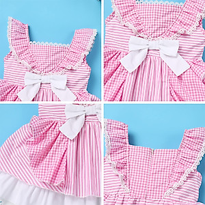 Toddler Baby Girl Tutu Dress Pink Plaid Dress Infant Pink Plaid Baby Girl Outfit Summer Sleeveless Stirped Ruffle Dress Bowknot Princess Birthday Party Dress Sundress with Headband Set Pink 6-12 Month