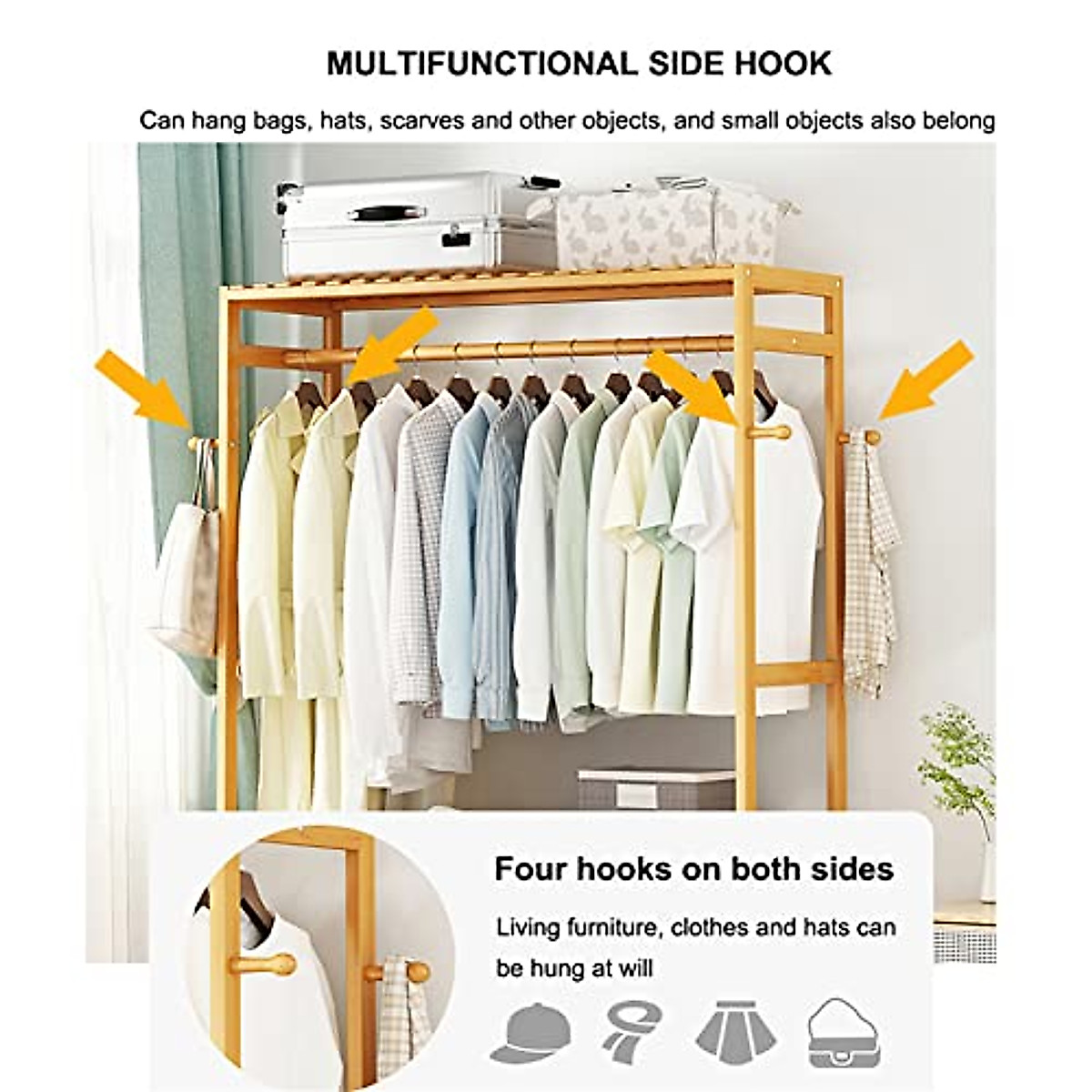 YXDFG Bamboo Clothing Rack, with Top Shelf and Shoe Clothing Storage Organizer Shelves,with Shelves Heavy Duty Rolling Clothes Coat Rack,for Hanging Clothes,Wood,100×35×165cm