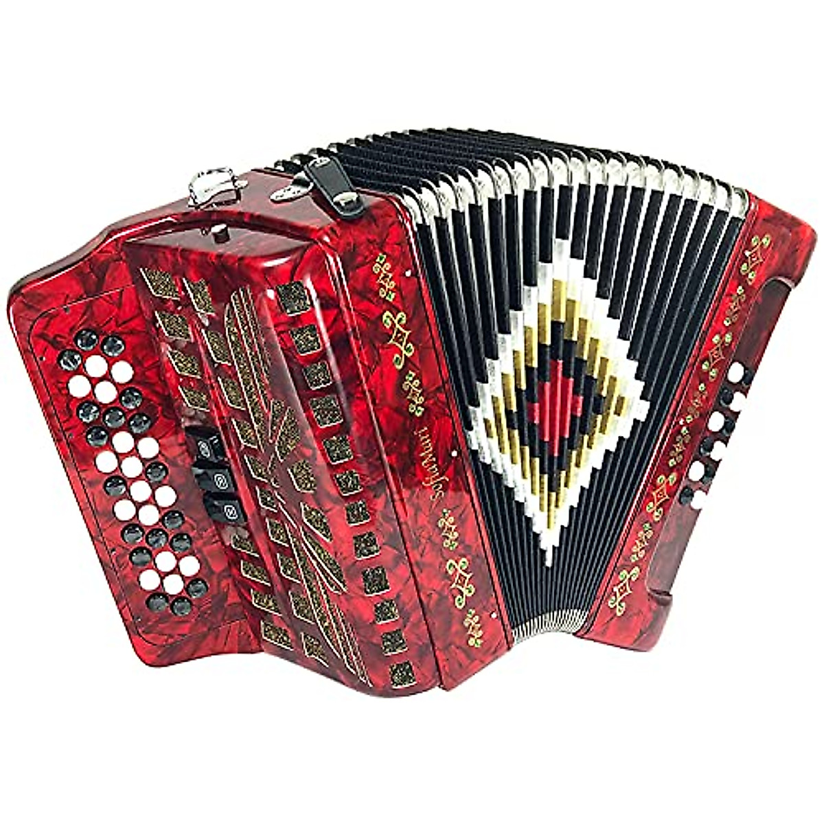 SofiaMari NSM3412 Accordion Package: 34 Button, 12 Bass, 3 Switch Accordion with Case and Straps (Fa/FBE, Red Pearl)