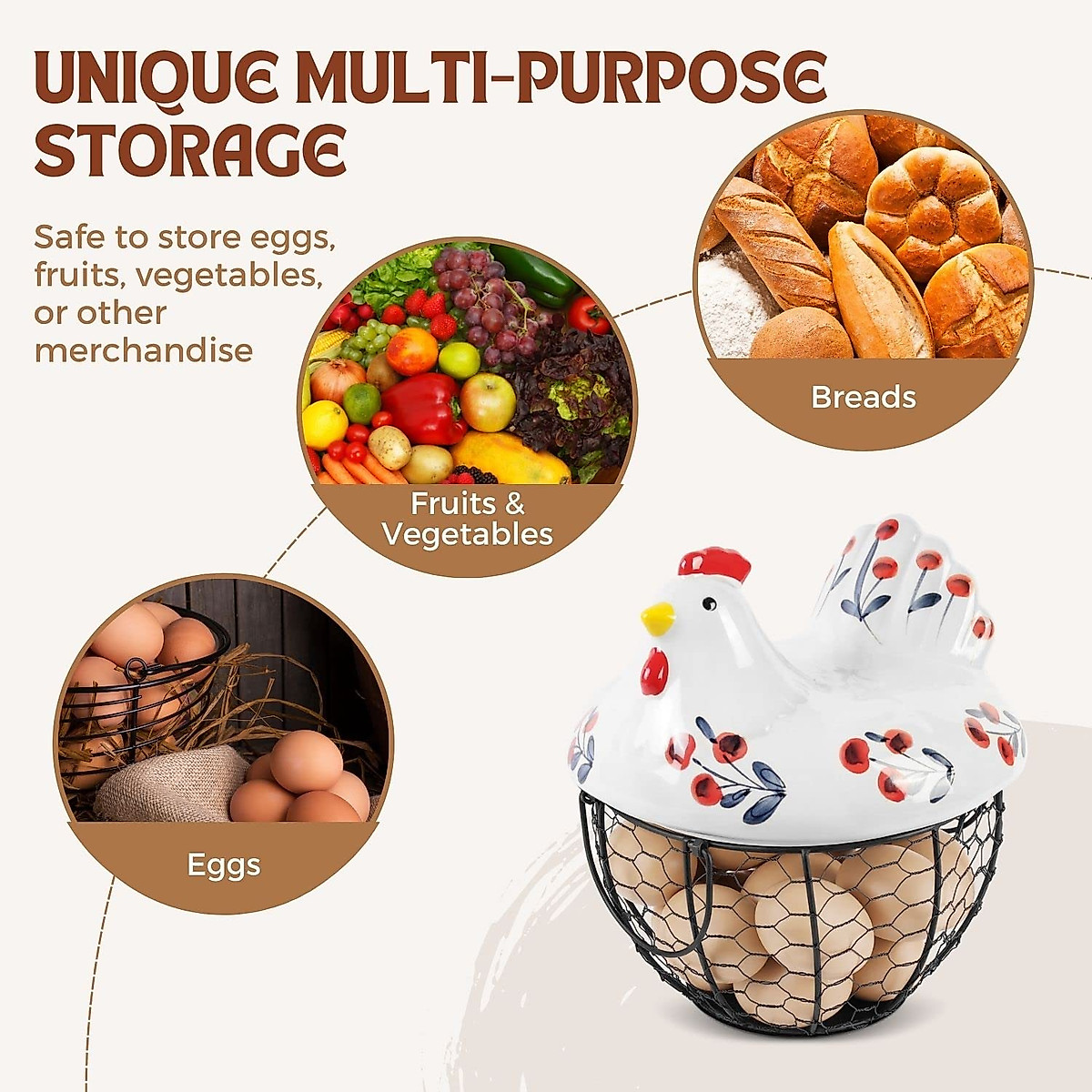 Flexzion Chicken Egg Basket - Wire Chicken Egg Basket with Ceramic Chicken Cover and Handles - Rustic Country Farmhouse Decor Countertop Egg Holder, Rustic Cherry