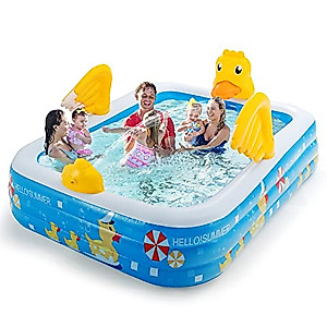 Costzon Inflatable Swimming Pool, Large Family Blow up Kiddie Pool, Full-Sized Thickened Above Ground Pool w/Adjustable Height, Air Pump, Outdoor Backyard Water Party for Age 3+