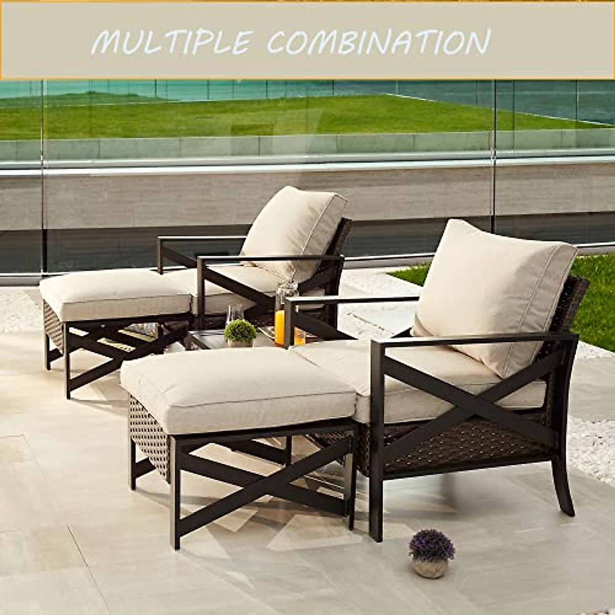 LOKATSE HOME Outdoor Single Wicker Sofa Armchair, Patio Bistro Rattan Chair with Side X Shaped Steel Frame Leg, Thick Cushion, Brown