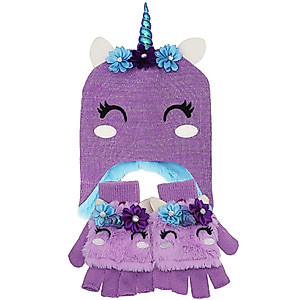Little Girls Winter Unicorn Beanie Hat and Gloves Set Kids Knitted Earflap Cap Flip Top Mitten Set