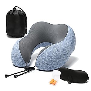 SREOZ Travel Pillow Memory Foam Neck Pillow, Skin-Friendly and Breathable Pillowcase with 3D Eye Mask, Earplugs and Portable Storage Bag, Suitable for Airplane, Train and Home Use