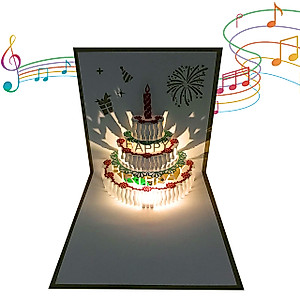 3D Pop Up Birthday Cards,Warming LED Light Birthday Cake Music Happy Birthday Card Postcards Pop Up Greeting Cards Laser Cut Happy Birthday Cards Best for Mom,Wife,Sister, Boy,Girl,Friends 1 Pack