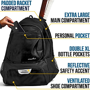 Athletico Premier Tennis Backpack - Tennis Bag Holds 2 Rackets in Padded Compartment | Separate Ventilated Shoe Compartment | Tennis Bags for Men or Women (Black)