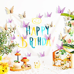 3D Purple Gold Butterfly Wall Stickers, 24 PCS 3 Sizes Butterfly Wall Decals, Removable Metallic Gold Wall Sticker Room Mural for Paper Art Party Cupcake Kids Bedroom Classroom Wedding Balloon Decors
