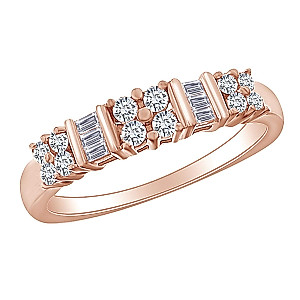 AFFY 1/4 Carat CT Baguette/Round White Natural Diamond Set Engagement Wedding Band Ring For Womens In 14k Solid Rose Gold (I-J Color, I2-I3 Clarity, 0.25 Cttw) Ring Size-6