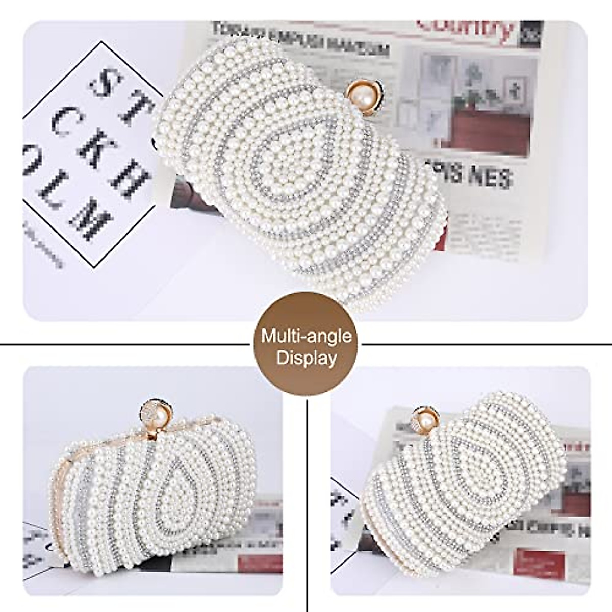 UONIFANS Womens Evening Bags Artificial Pearl Clutch Purse Shiny Rhinestones Handbag for Wedding Party Prom Women Bag (White)