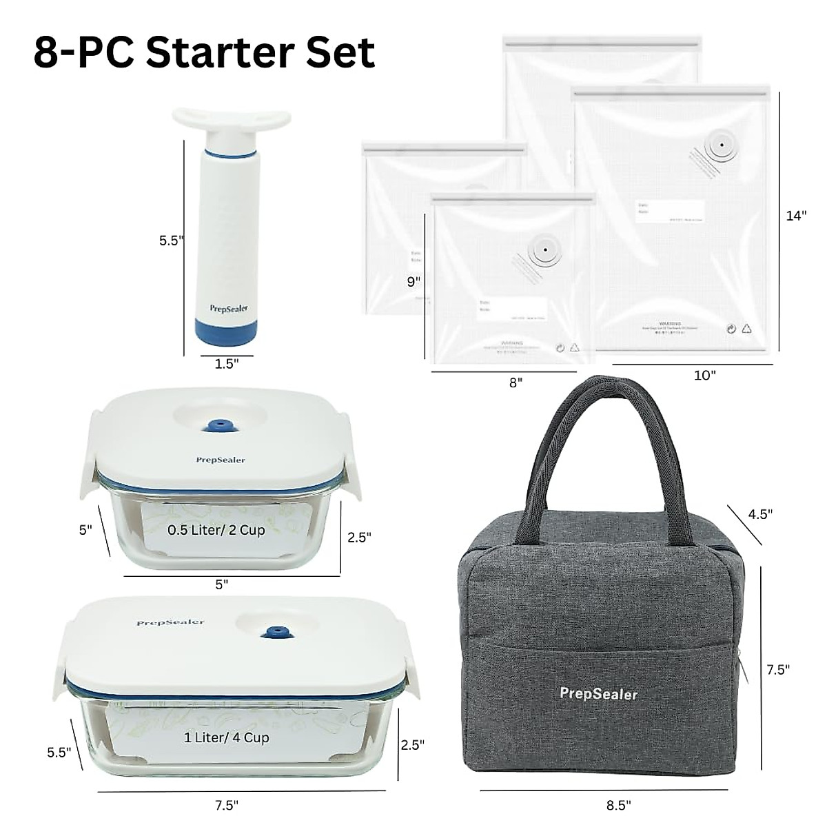 PrepSealer Everyday keep fresh, Meal prep, Borosilicate glass vacuum container starter kit - 8PC