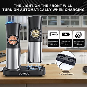 DOWUDO Gravity Electric Salt and Pepper Grinder Set, Automatic Pepper Mill, USB Rechargeable Base, Adjustable Coarseness, Refillable, One-handed Operation,Stainless Steel,LED Light