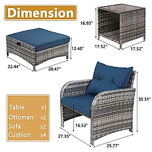 FYRICKYLINOO 5 Pieces Wicker Outdoor Patio Chairs Set with Ottoman, All Weather PE Rattan Patio Conversation Furniture Set Outdoor Furniture Set with Hidden Ottoman for Poolside Garden Balcony, Blue