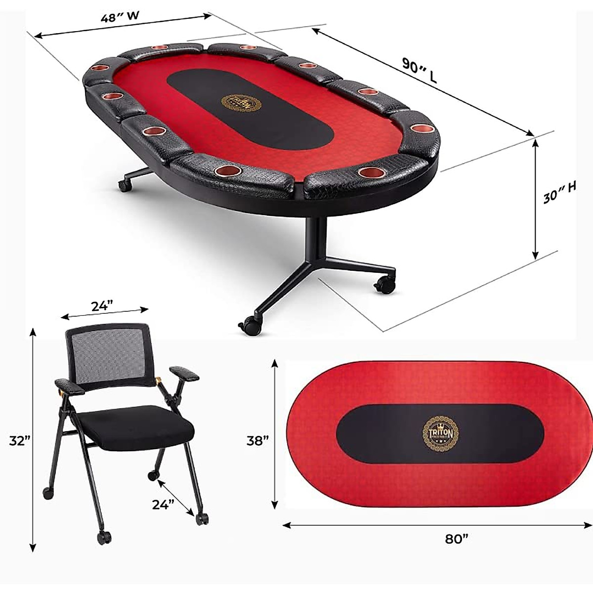 Triton Premium Poker Table for 10 Players with 10 Chairs and Additional Mat - Foldable and Long-Lasting Poker Table and Chairs, Luxurious Vegas Style Casino Experience at Home
