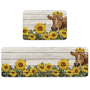 Kitchen Rugs and Mats Country Farm Cow with Blossom Sunflowers 2 Piece Comfort Standing Floor Mat Non Slip Absorbent Doormats for Laundry/Bathroom/Bedroom Decor Yellow Floral on Wood Grain