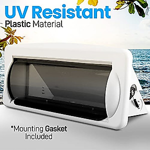 Pyle Water Resistant Marine Stereo Cover - Smoke Colored Heavy Duty Boat Radio Protector Shield with Flip-up Door & Spring Loaded Release - Mounting Gasket Included - Pyle PLMRCW2,White