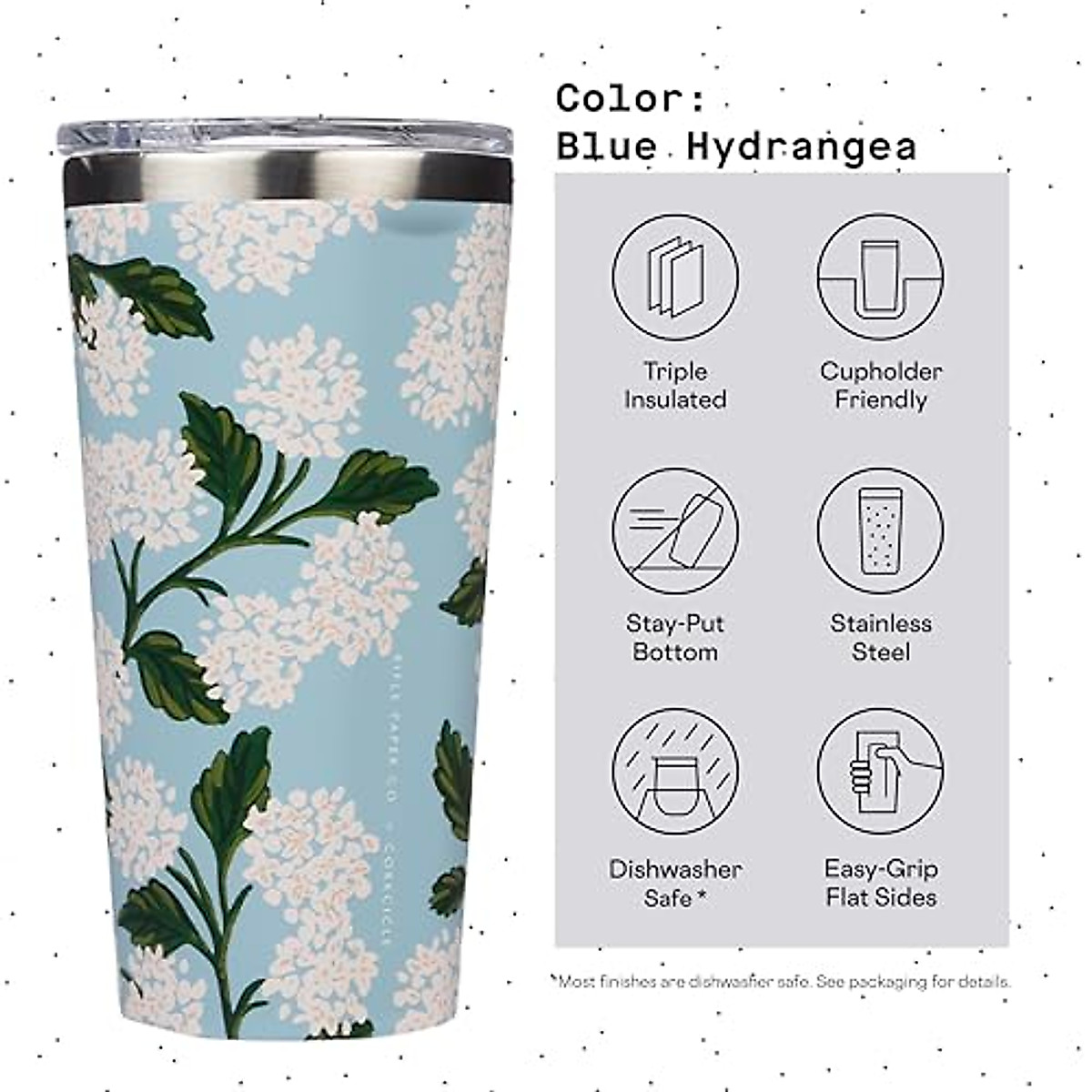 Corkcicle Tumbler Rifle Paper Co. Triple Insulated Stainless Steel Travel Mug, BPA Free, Keeps Beverages Cold for 9 Hours and Hot for 3 Hours, 16 oz, Hydrangea