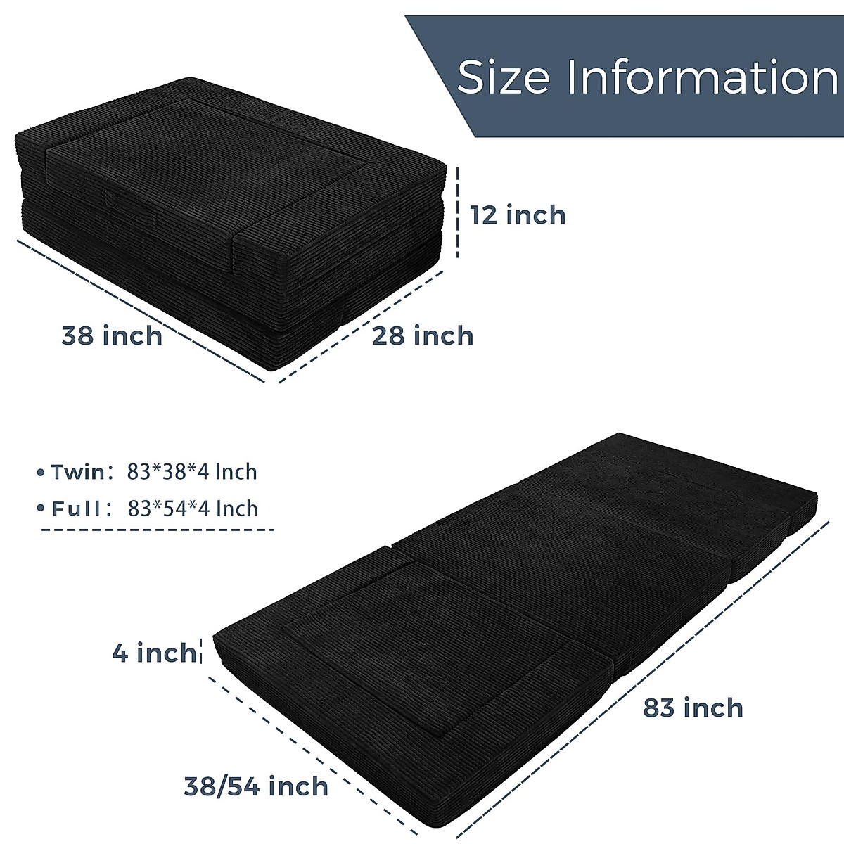 MAXYOYO Folding Sofa Bed, Portable Chair Bed Floor Mattress, Foldable Sleeper Sofa Floor Couch Futon Mattress for Guest Room, Camping, Road Trip, Black, Full, 83x54 Inch