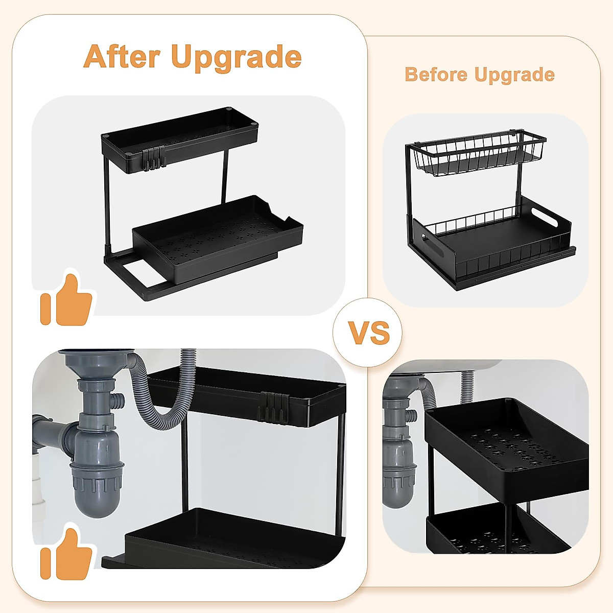 Bellzacasa Under Sink Organizers and Storage, 2 Tier Sliding L-shape Bathroom Cabinet Organizer, Multi-purpose Under Sink Organizer Shelf with 4 Hooks for Kitchen Bathroom Cabinet(Black, 1Pack)