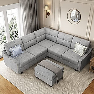 HONBAY Convertible Sectional Sofa, L Shaped Couch with Storage Ottoman, Reversible 4 Seat Corner Sofa for Small Apartment,Light Grey