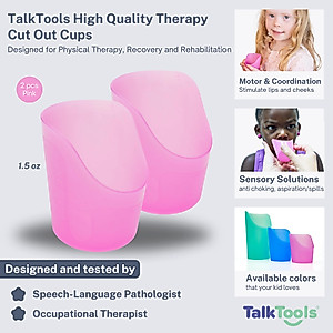 TalkTools Cut Out Cups for Special Needs - Glass Set for Physical Therapy, Recovery and Rehabilitation | Motor and Coordination Support | Easy Drink Therapy Cups for Elderly - 1.5 Oz Pink (2 Pk)