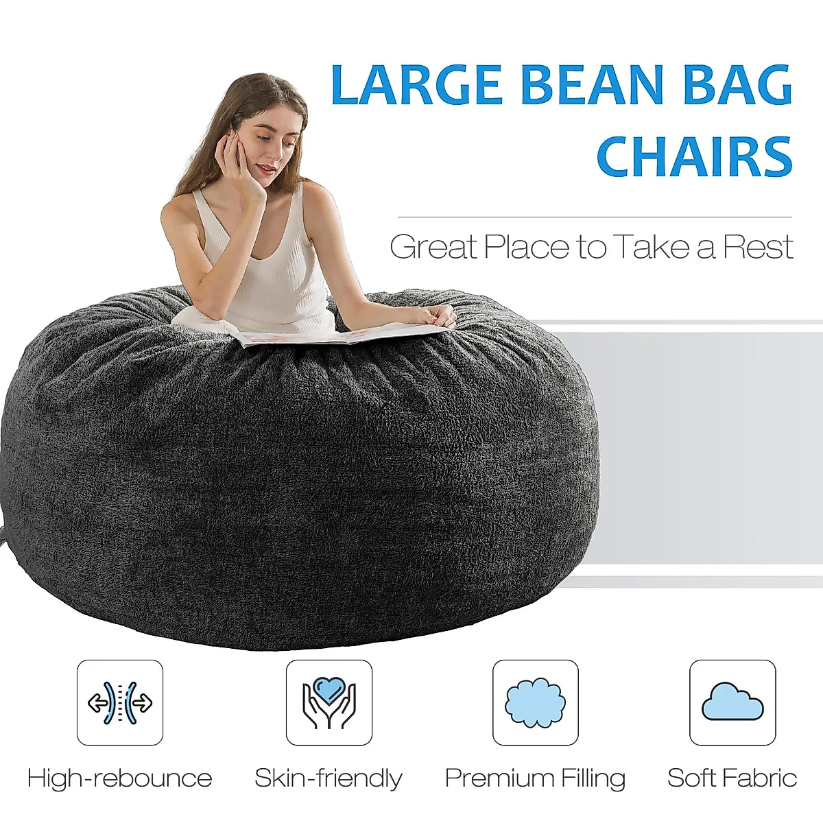 WhatsBedding [Sherpa Fabric] Bean Bag Chair: 3 ft Memory Foam Bean Bag Chairs for Teens/Kids with Filling,Ultra Soft Faux Fur Fabric, Large Bean Bag with Filler for Living Room,3 Foot,Dark Grey