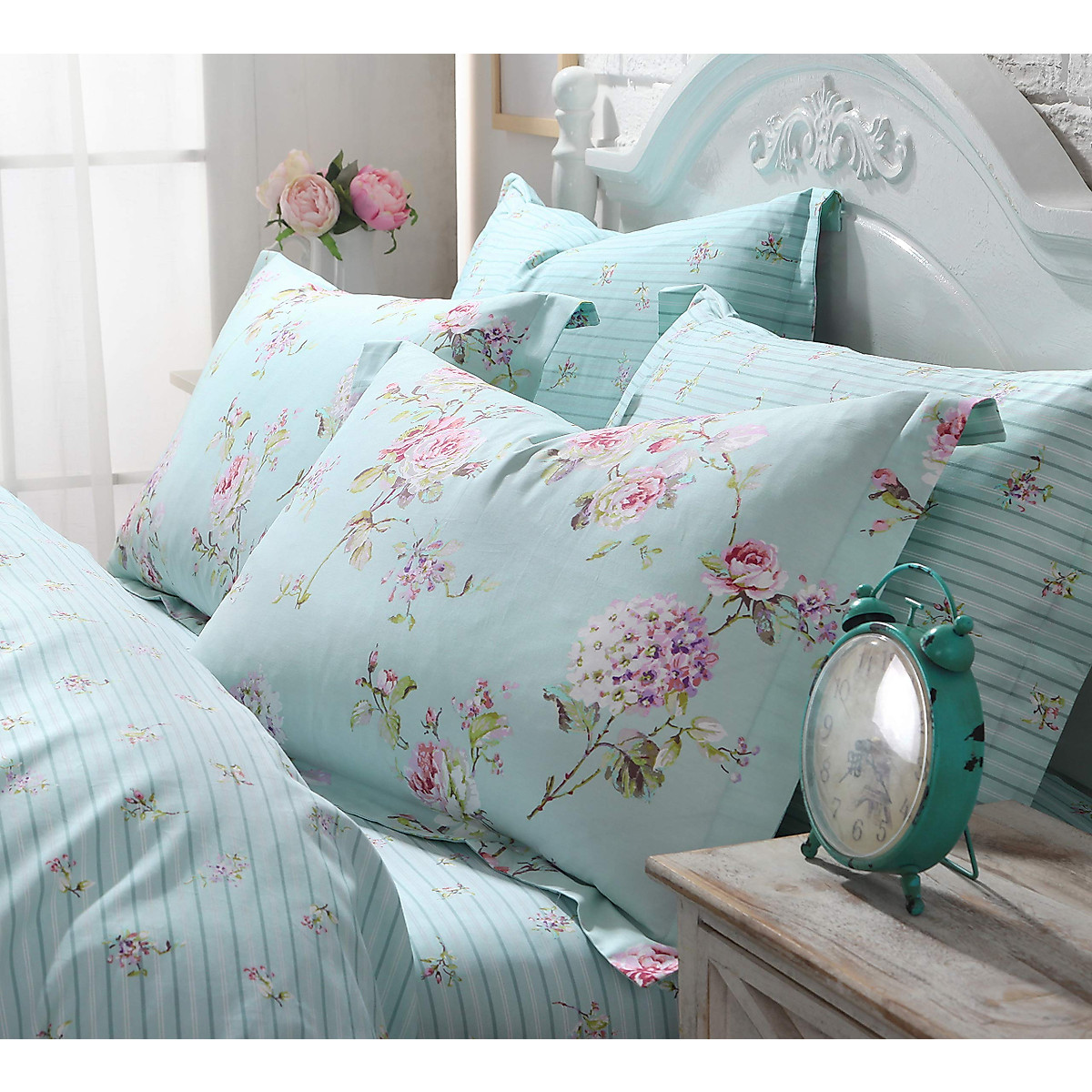 FADFAY French Country Duvet Cover Set King/California King 100% Cotton Floral Bedding Farmhouse Hydrangea Flower and Rose Floral Shabby Comforter Covers with Hidden Zipper - No Filling