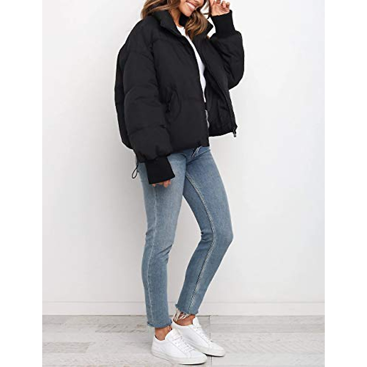 MEROKEETY Women's Winter Long Sleeve Zip Puffer Jacket Pockets Baggy Short Down Coats