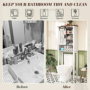 LUXOAK Farmhouse Over Toilet Cabinet, 68" Tall Toilet Organizer Stand with Sliding Barn Door & Adjustable Shelf, Above Toilet Storage for Bathroom, Laundry Room, Rustic Oak & White