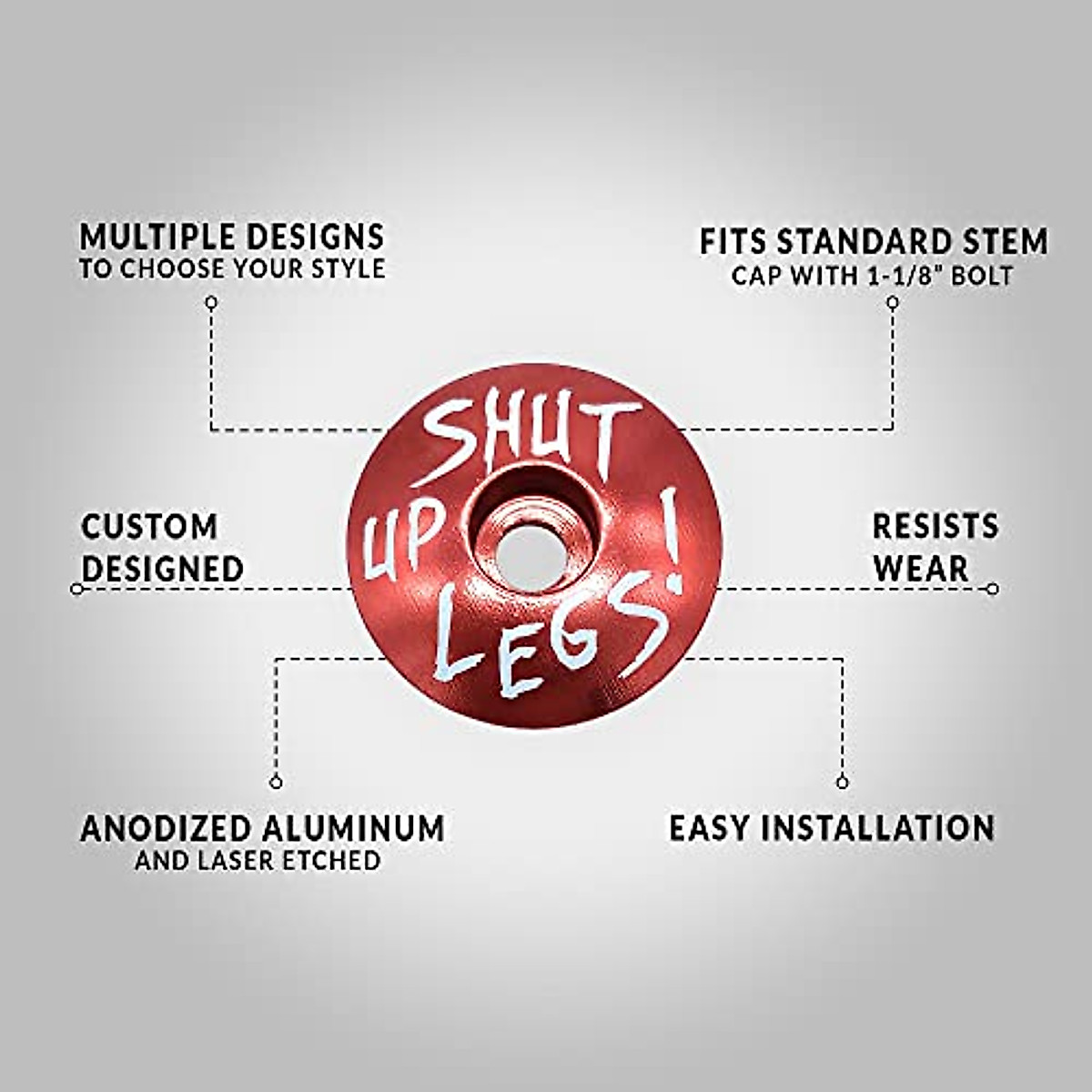 Bike Accessories - Bicycle Accessories - Mountain Bike Accessories - MTB Stem Cap - Headset Cap - Great Aesthetic Upgrade for Bike, Ebike, BMX, Road Bike - Customize your Ride! (Red Shut Up Legs)