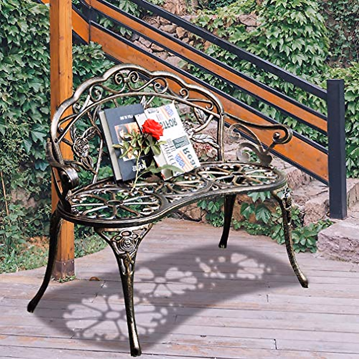 Dkeli Garden Bench Outdoor Bench Park Benches for Outdoors Metal Aluminum Porch Chair Seat Furniture Perfect for Patio Park Yard Deck Entryway, Floral Rose Accented Bronze