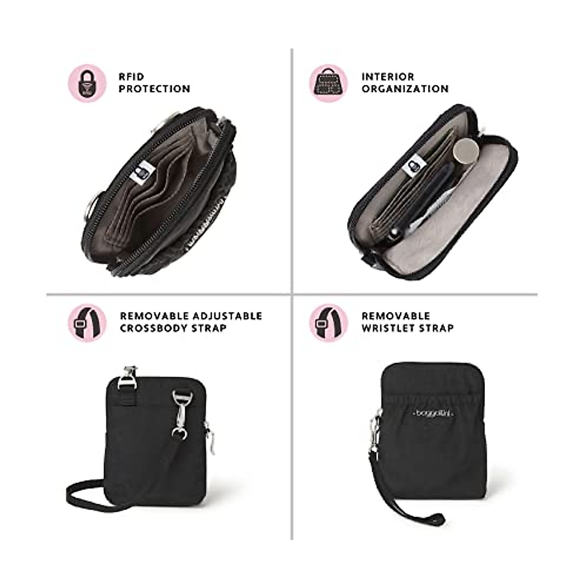 Baggallini Bryant Smartphone Pouch and-Purse - Lightweight, Water Resistant-Travel-Bag with RFID Protection, Adjusts to Become-Belt-Bag or -Fanny Pack Black