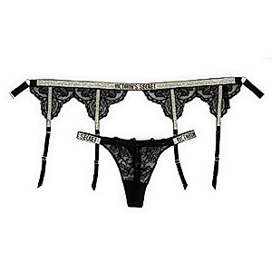 Victoria's Secret Bombshell Shine Strap Thong Panty and Garter Belt Bundle, Black Lace, Medium