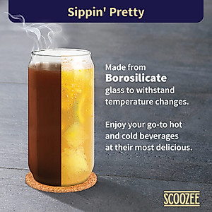 Scoozee Glass Cups with Lids and Straws (Set of 4, 16 oz) - Glass Tumbler with Straw and Lid, Can Shaped Drinking Glasses, Iced Coffee Cup, Beer Glasses - Aesthetic Cute Coffee Bar Gift