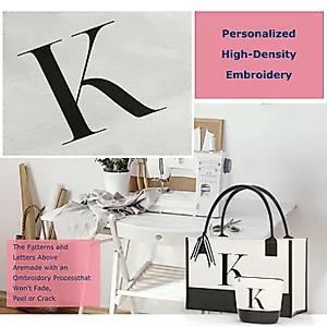 OATALY Monogrammed Canvas Tote Bag with Zipper Pockets - Ideal Gift for Mom, Teacher, Sister