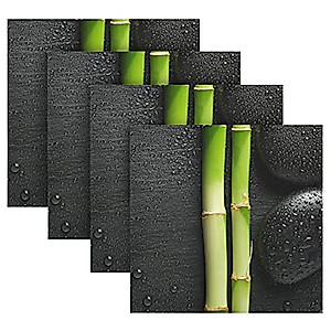 Black Zen Basalt Stones with Dew Green Bamboo on Dark Dinner Cloth Napkin, Set of 1 Oversized Reusable Table Napkins, Washable Premium Fabric with Hemmed Edges for Wedding Parties