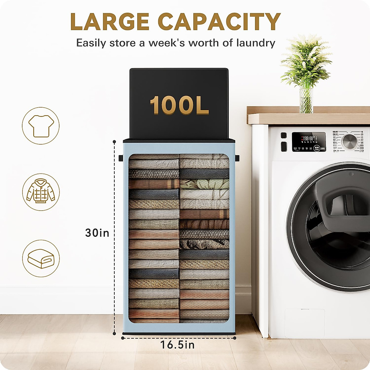 SOLEDI Laundry Hamper with Lid 100L Large & Tall Collapsible Laundry Basket, Clothes Hamper with Bag Removable Easy to Carry, Dirty Hampers for Bedroom, Bathroom, Dorm, College, Blue Grey