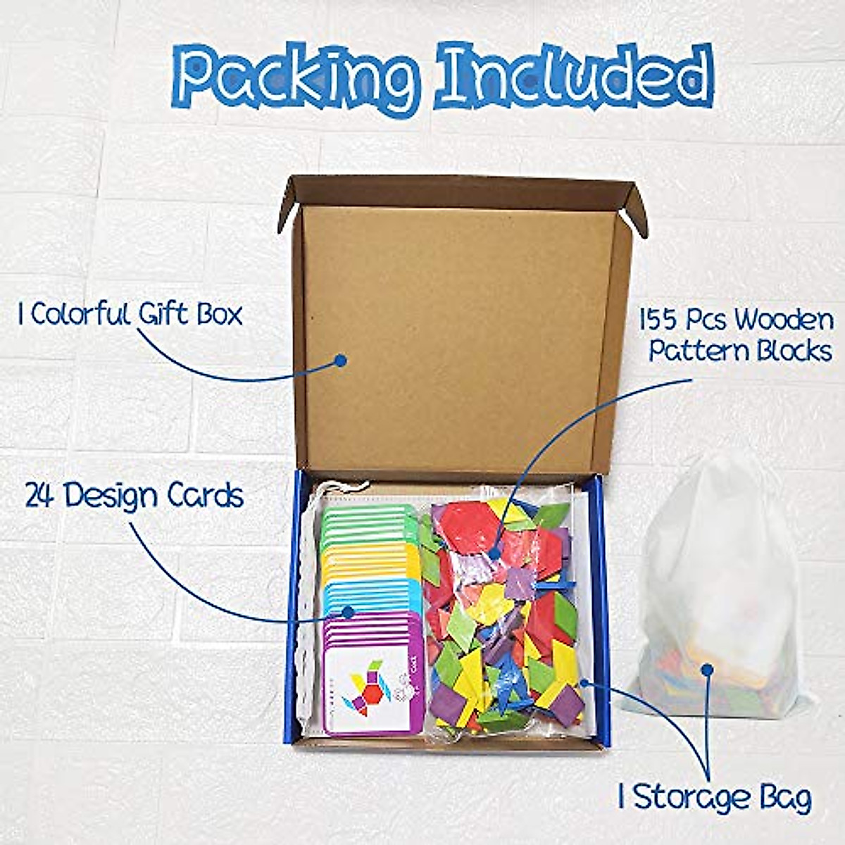 Wooden Pattern Blocks Set for Classroom 155 Pcs Tangram Blocks for Kids Geometric Shape Puzzle Kindergarten Classic Educational Montessori Best STEM Fat Brain Toys Ages 4-8 with 24 Pcs Design Cards