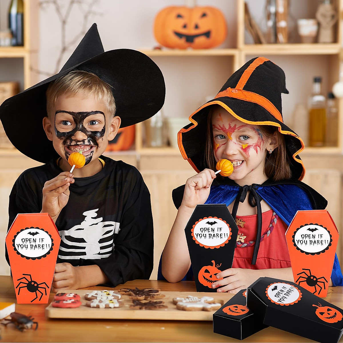 JarThenaAMCS 48Pcs Halloween Candy Coffin Paper Box Pumpkin Spider Treat Box Orange Black Gift Box for Trick or Treat Halloween Party Favor Supplies