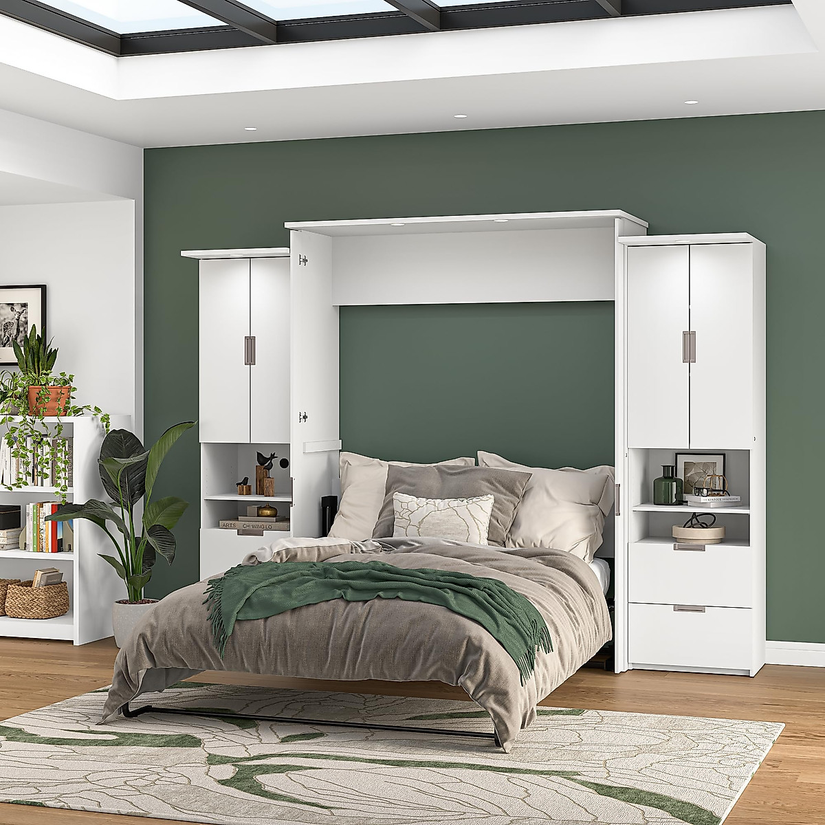 Bestar Lumina Murphy Bed with Desk and 2 Storage Cabinets in White, Sleeping Arrangement with Drawers, Queen