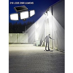 Outdoor Solar Powered Flood Lights with Movement Detection, 210 LED 2500LM 6500K, IP65 All-Weather Resistance, 3 Adjustable Heads, 270° Wide Angle, Light for Garage Patio Porch Garden Yard - 2 Pcs