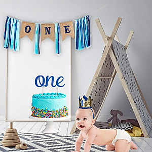 1st Birthday Boy Decorations with Burlap Highchair Banner, Cake Topper, Blue Hat Crown for Happy First Birthday Party Decoration Supplies