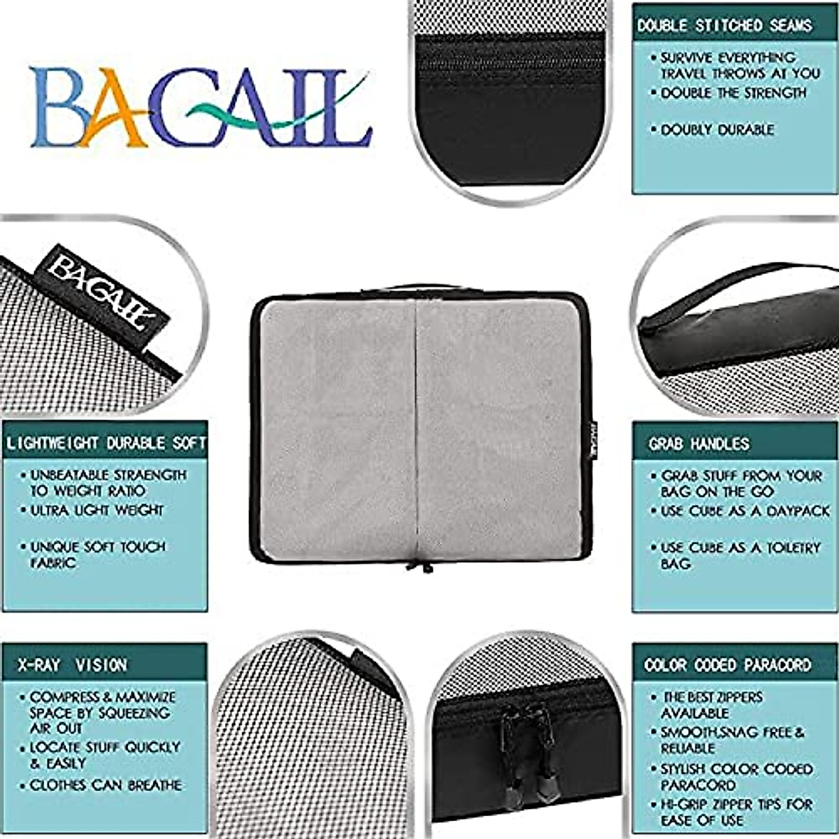 BAGAIL 6 Set Packing Cubes,Travel Luggage Packing Organizers with Laundry Bag(Black Net)