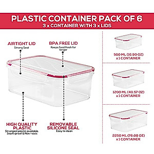 Utopia Kitchen Plastic Food Storage Container Set with Airtight Lids - Pack of 6 (3 Containers & 3 Snap Lids)- Reusable & Leftover Food Lunch Boxes - Leak Proof