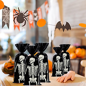 Whaline 150Pcs Halloween Cellophane Gift Bags with 200Pcs Twist Ties Funny Skeleton Party Favor Bags Candy Goodie Treat Bags for Trick or Treat Birthday Party Supplies