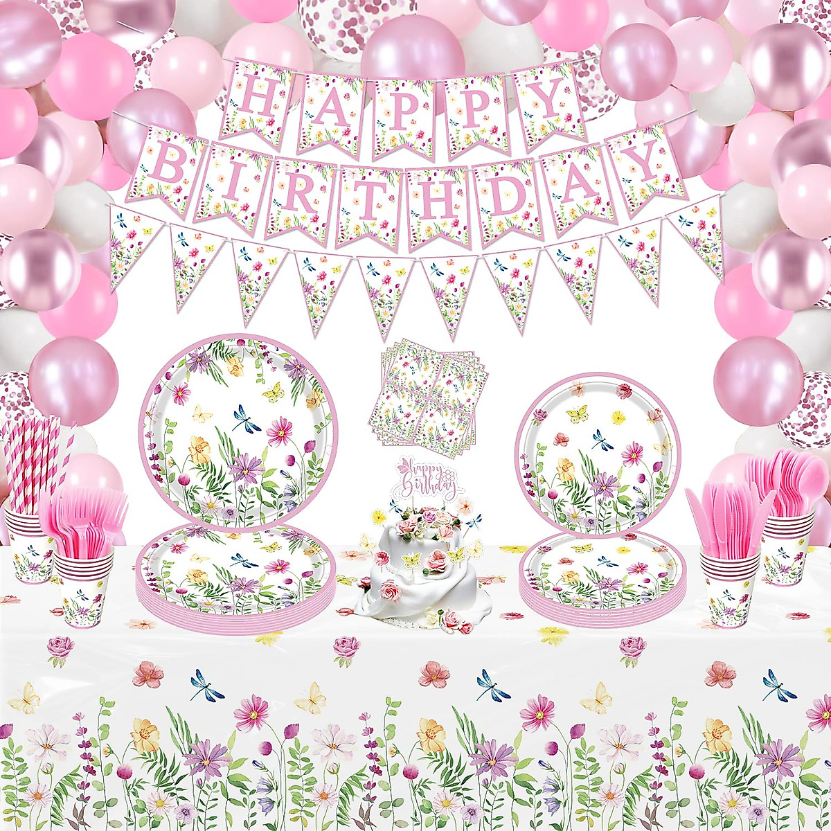 225 Pack Spring Wildflower Party Decorations Floral Tableware Plates Balloons Decorations Wildflower Dinnerware Party Favor for Birthday Baby Shower Bridal Shower Garden Tea Party Serves 20