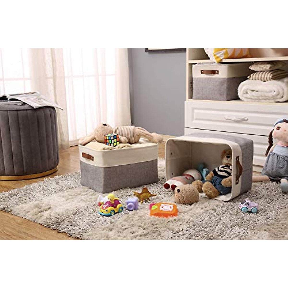 DECOMOMO Foldable Storage Bin (LARGE-Grey and White 15 x 11 x 9.5" - 3 Pack and Small 11.8 x 8 x 6-6 Pack) Collapsible Sturdy Cationic Fabric Storage Basket Cube W/Handles for Organizing Shelf Nurse