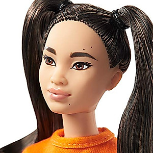 Barbie Fashionistas Doll #145 with Long Brunette Pigtails Wearing Orange T-Shirt, Shimmery Blue Skirt, Yellow Kicks & Bracelet, Toy for Kids 3 to 8 Years Old
