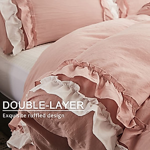 Wotcsil Pink Ruffle Bedding Set for Women Girls Ruffled Full Duvet Cover Set Plain Duvet Cover Shabby Chic Double-Layer Frill Edge Design with Pillowcases, White Pink