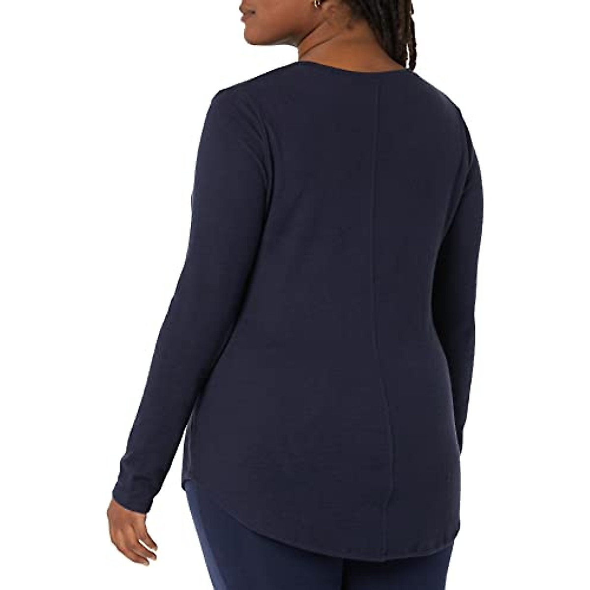 Daily Ritual Women's Cozy Knit Standard-Fit Long-Sleeve Shirttail Hem Crewneck Shirt, Navy, Medium